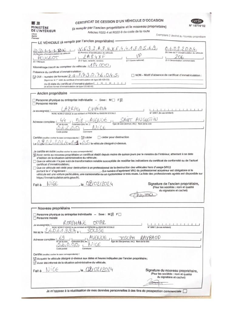 Certificat de Cession D'un Vehicule D'occasion | PDF