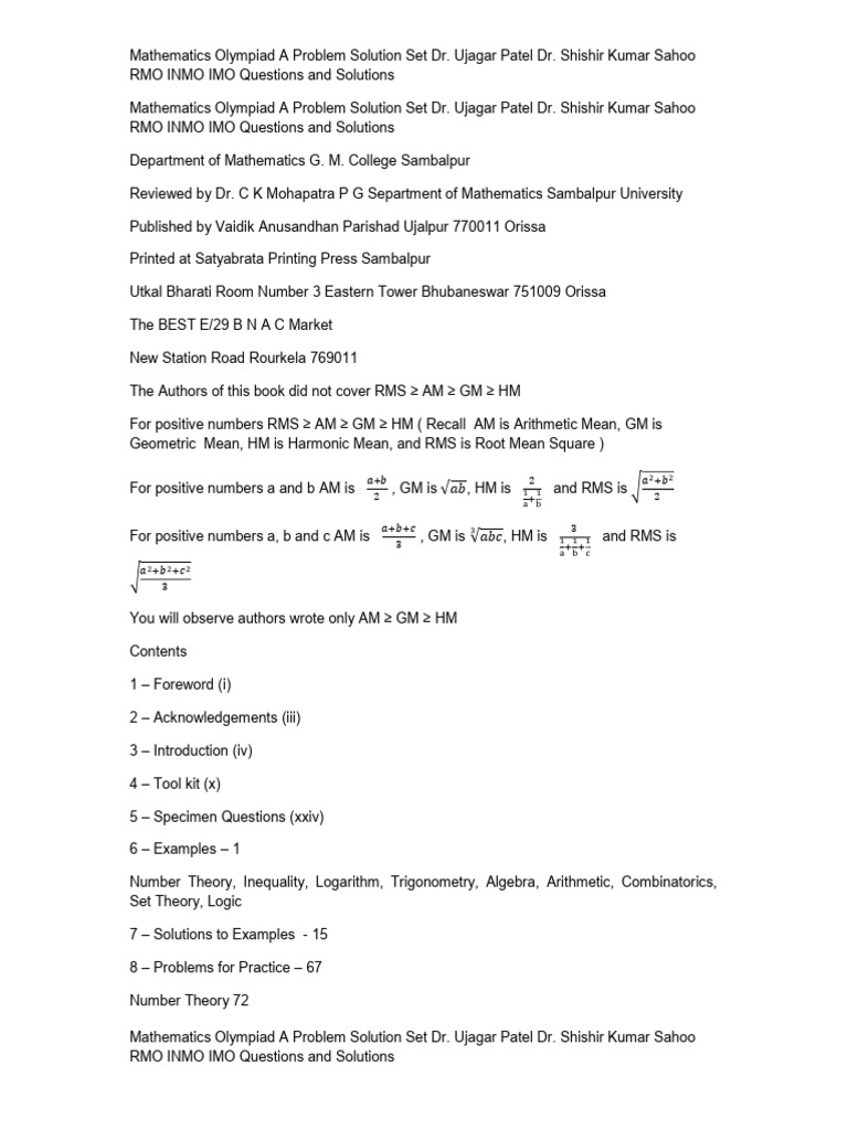 Dr. Ujagar Patel Dr. Shishir Kumar Sahoo - Mathematics Olympiad A ... Dr. Ujagar Patel Dr. Shishir Kumar Sahoo - Mathematics Olympiad A ...