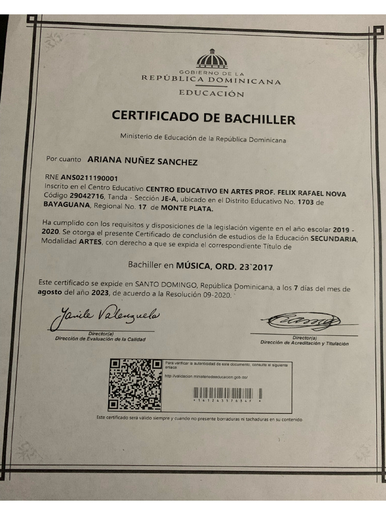 Certificado Bachiller | PDF