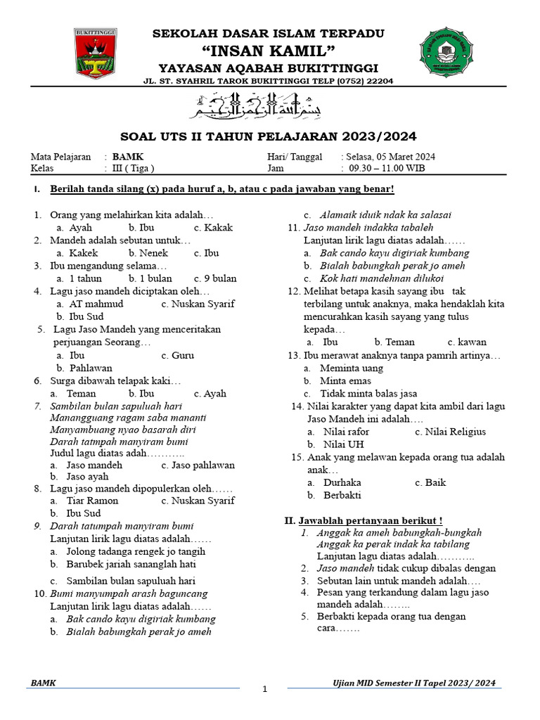 Soal UTS BAMK Kelas III 2024 | PDF