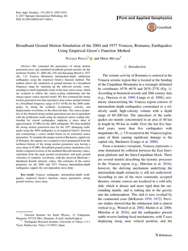 Broadband Ground Motion Simulation of The 2004 and 1977 Vrancea, Romania, Earthquakes Using ...