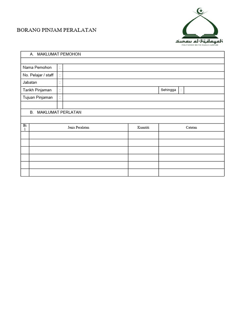 Borang Pinjam Peralatan Surau | PDF