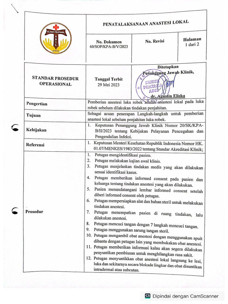 SOP Penatalaksanaan Anestesi Lokal | PDF