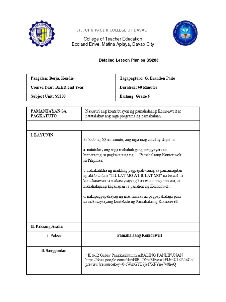 SS200 - Lesson Plan | PDF