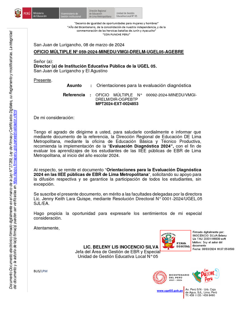 Oficio Multiple N 059 2024 Agebre Orientaciones Evaluacion Diganostica R | PDF | Aprendizaje ...