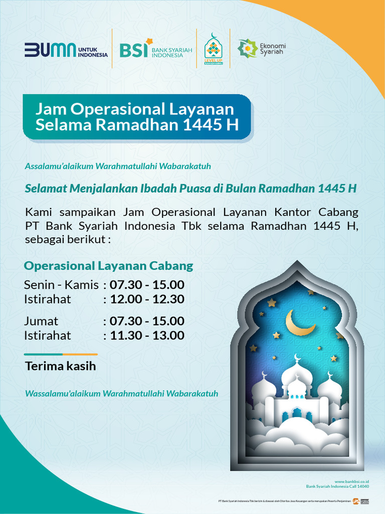 Jam Operasional Bank Syariah Ramadhan 1445 H | PDF