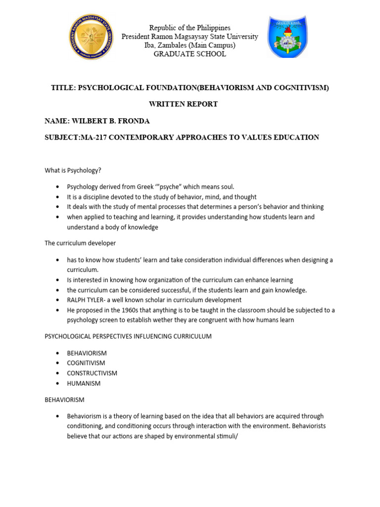 Written Report of Wilbert B. Fronda | PDF | Behaviorism | Learning