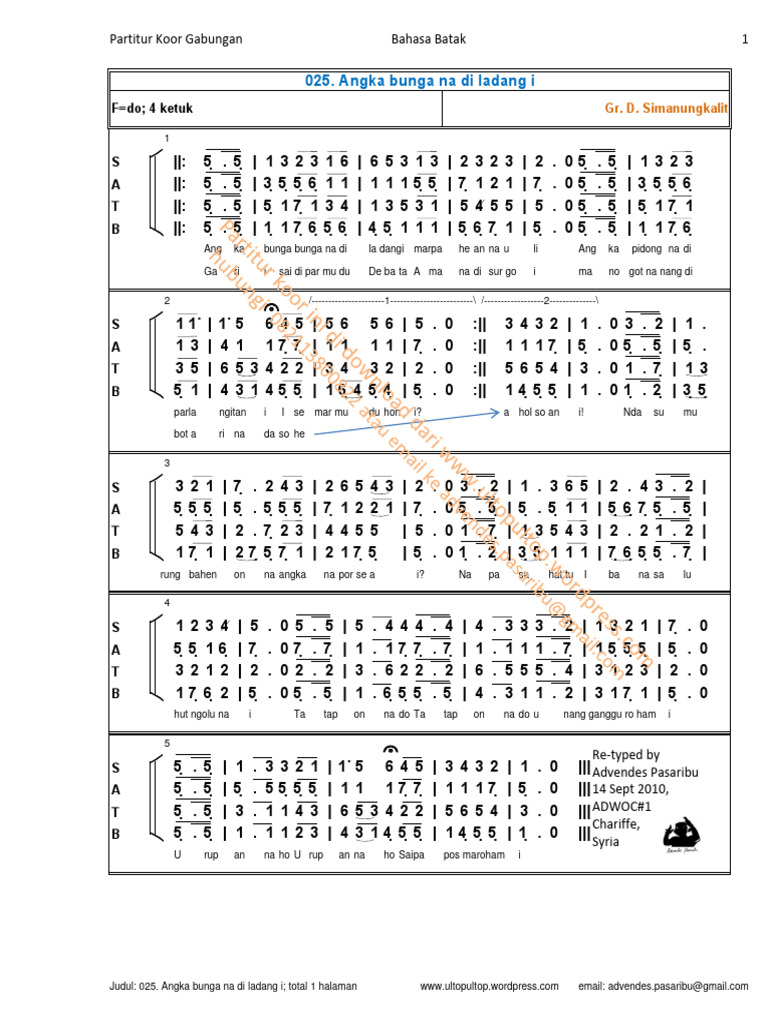 Partitur Koor - Angka Bunga Na Di Ladang I | PDF