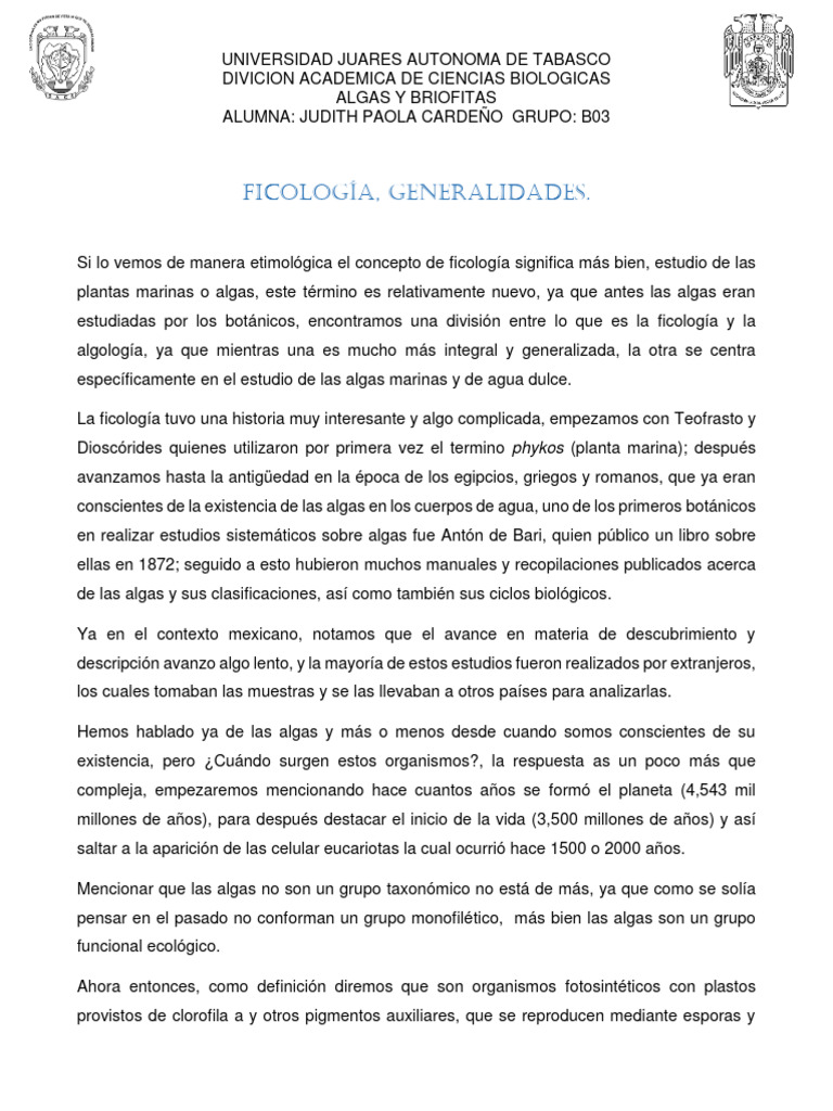 Ficologia Generalidades | PDF | Algas | Biología