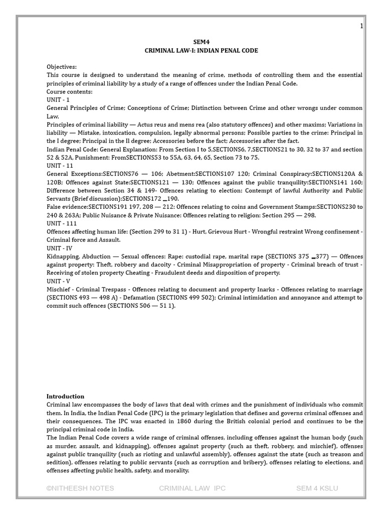 Criminal Law I Ipc I Sem 4 Draft | PDF | Mens Rea | Crimes
