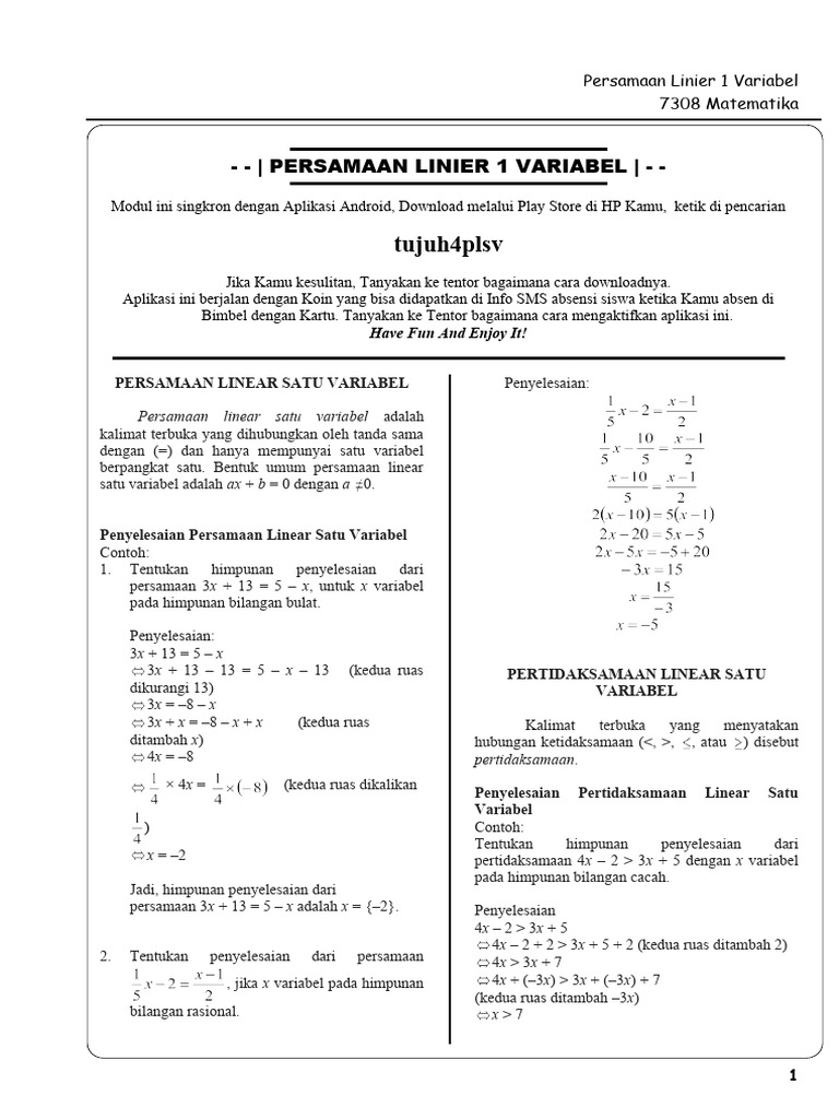 UH Kelas 7 - Persamaan Dan Pertidaksamaan Linear Satu Variabel | PDF