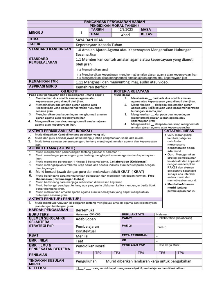 RPH Minggu 1 Pendidikan Moral THN 4 2023 by Cikgu Gorgeous | PDF
