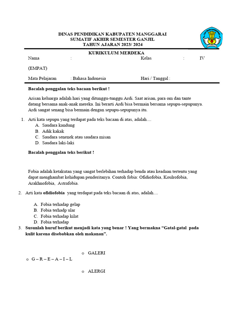 Naskah Soal Bindo Kelas Iv | PDF