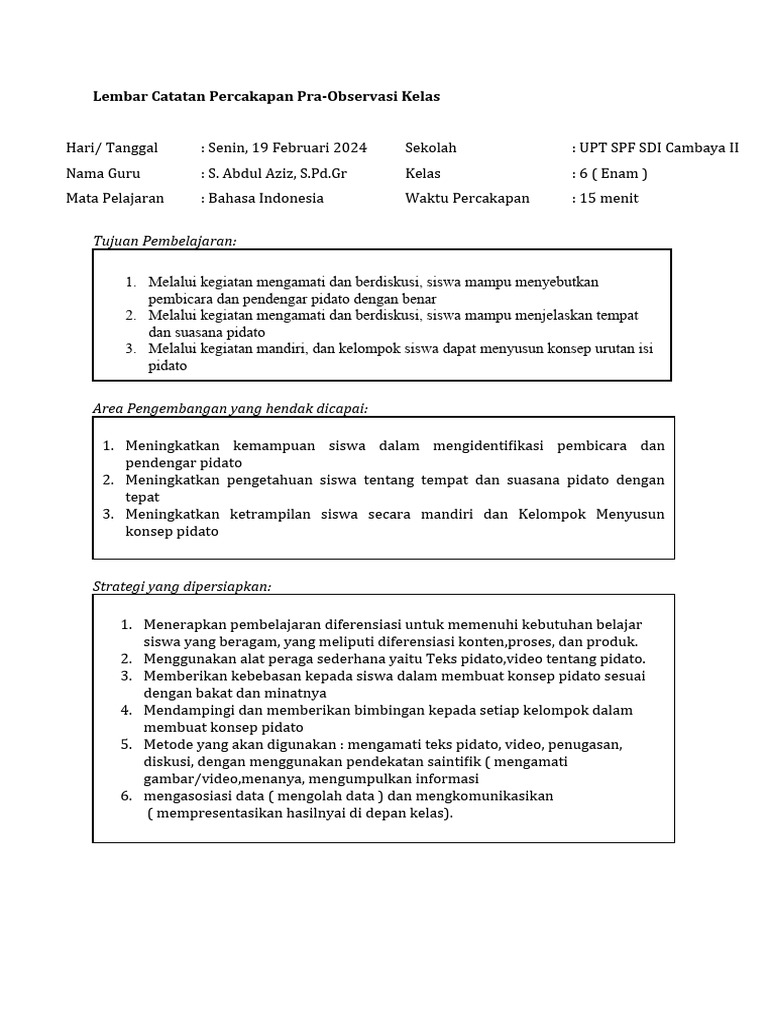 1 - Lembar Catatan Percakapan Pra-Observasi Kelas - Aziz | PDF
