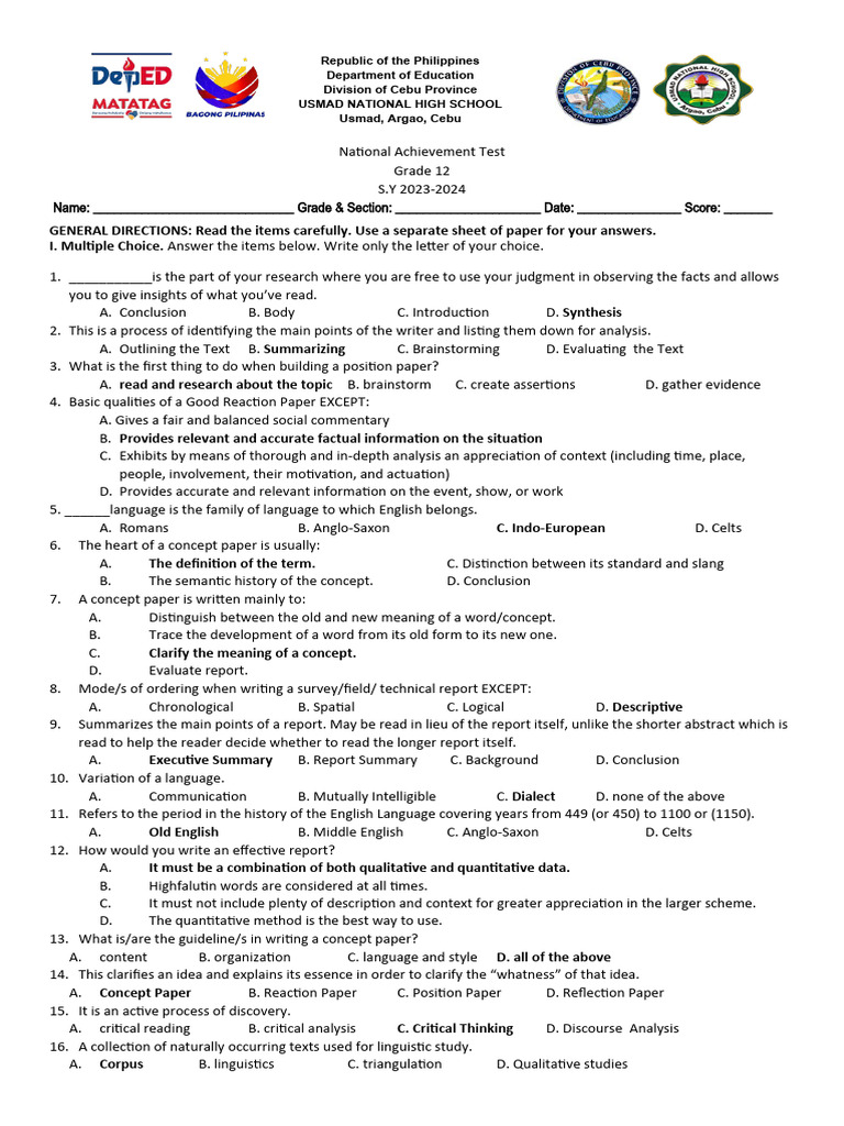 National Achievement TestReviewer answer key | PDF | Concept | Critical ...