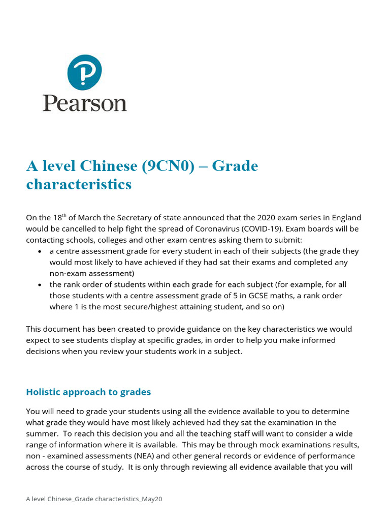 A Level Chinese Grade Characteristics Guide | PDF | Standard Chinese ...