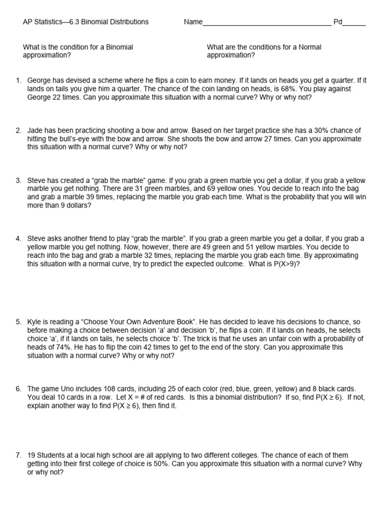 Ap Stats Binomial And Normal Approximations Pdf Normal Distribution Statistical Theory