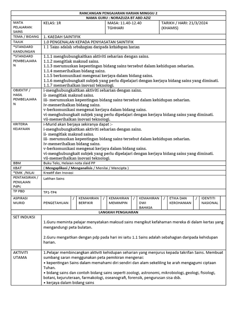 Rancangan Pengajaran Harian Minggu 2 Nama Guru: Norazliza BT Abd Aziz | PDF