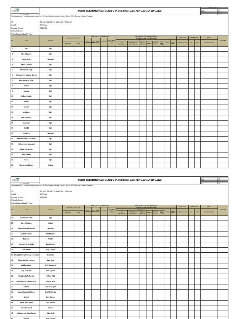 Form Permohonan Safety Induction Dan ID CardA | PDF