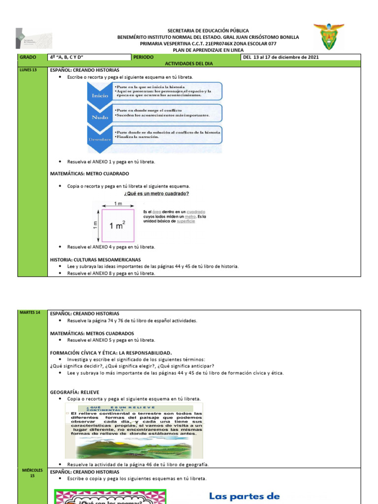 Plan de Acompañamiento Al Aprendiente Del 13 Al 17 Dic. 4° A, B, C, D ...