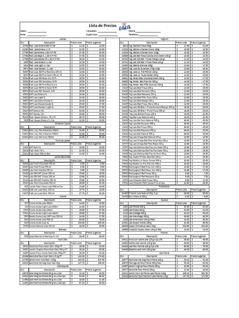 Lista de Precios GDL Leche LALA | PDF | Ingredientes de comida | Alimentos