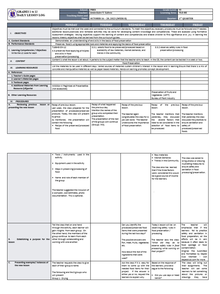 DLL - Tle 6 - Q1 - W8 | PDF | Learning | Teachers