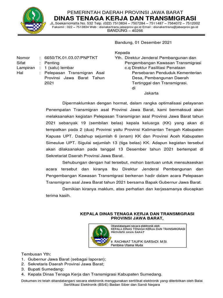 Penta - DIRJEN Surat Pelepasan Transmigran Asal Jawa Barat - Sign | PDF