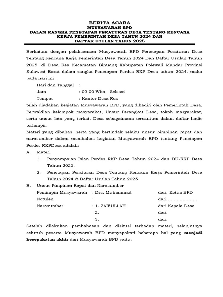 Dokumen Musyawarah BPD Tentang Penetapan Peraturan Desa Tentang Rkpdes 2024 Dan Du 2025 | PDF