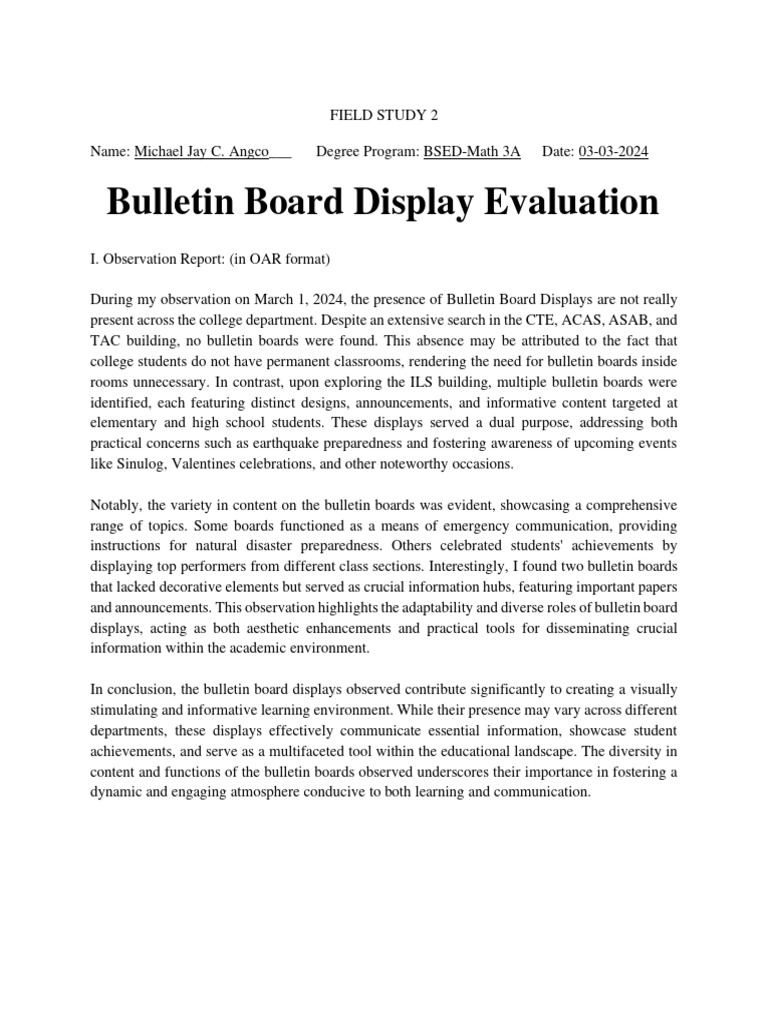 Bulletin Board Display Evaluation Report | PDF | Creativity | Rubric ...