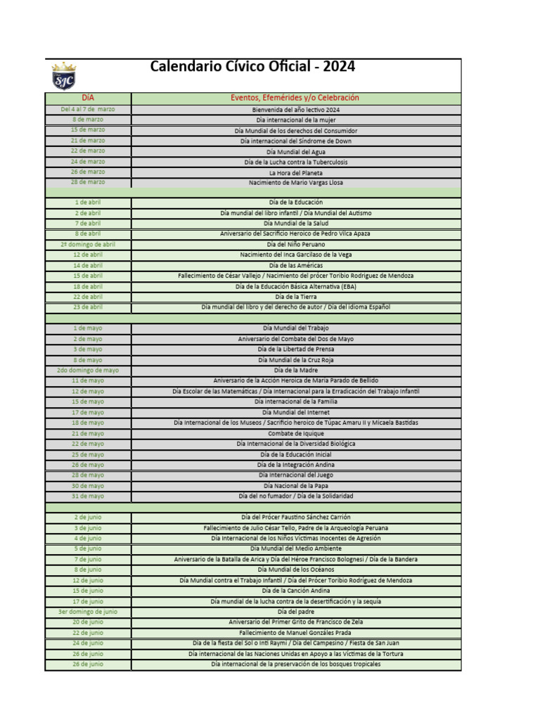 Calendario Cívico Anual 2024 | PDF | Perú