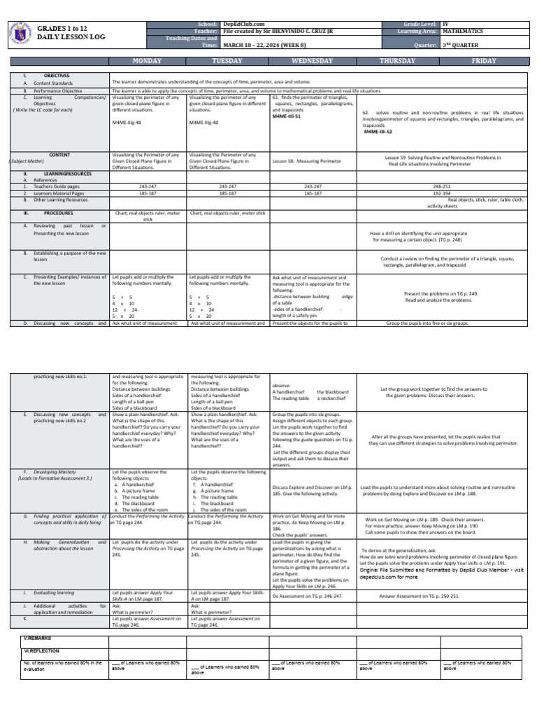 DLL Mathematics 4 q3 w8 | PDF | Area | Learning