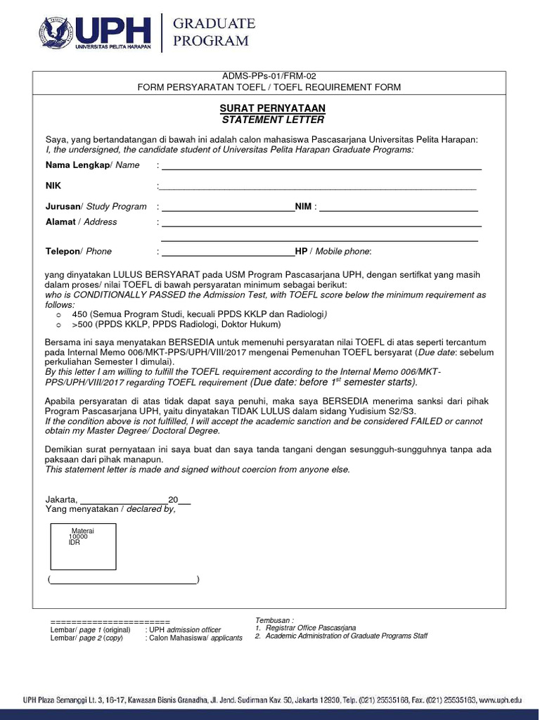 Formulir Persyaratan TOEFL UPH | PDF