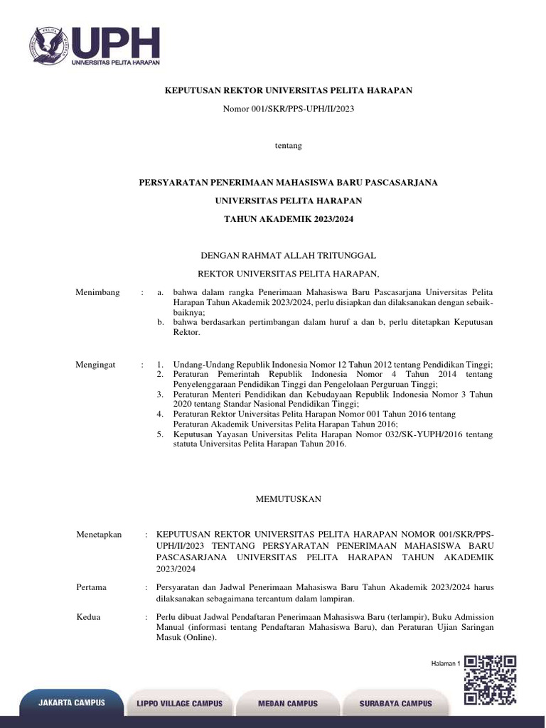 Persyaratan Masuk Pascasarjana UPH | PDF