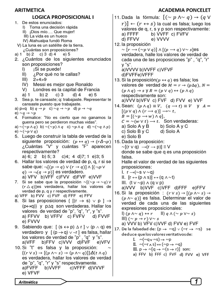 Aritmetica LOGICA PROPOSICIONAL I3 | PDF | Proposición | Verdad