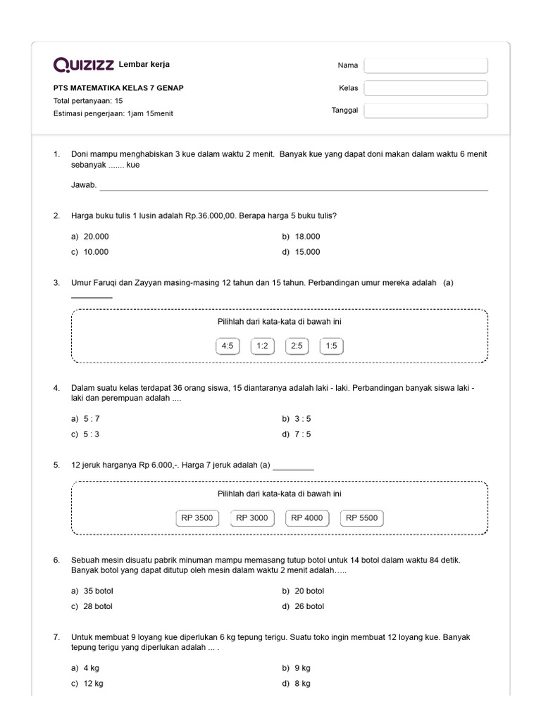 PTS MATEMATIKA KELAS 7 GENAP - Quizizz | PDF