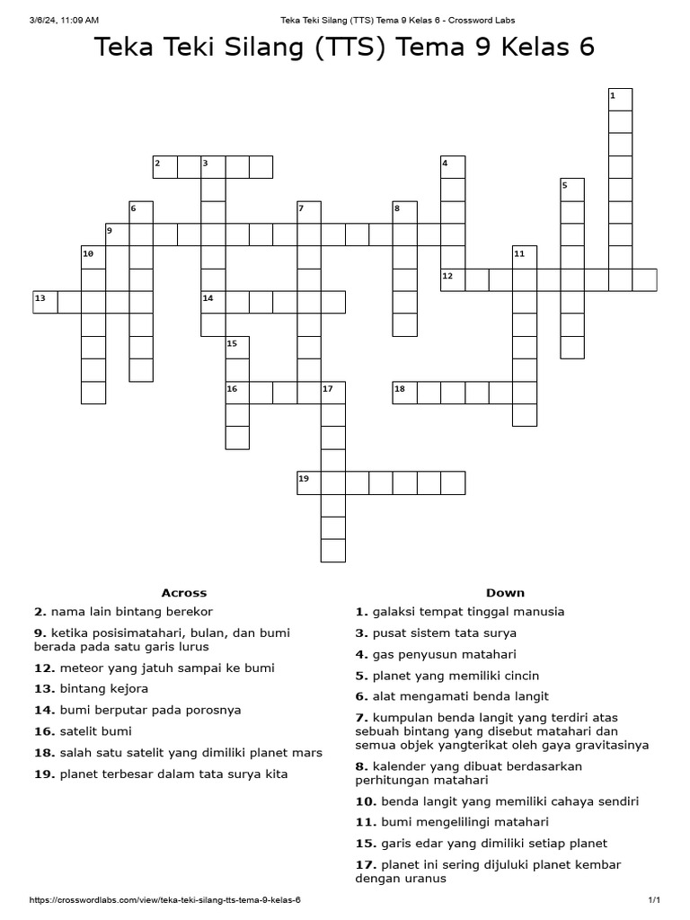 Teka Teki Silang (TTS) Tema 9 Kelas 6 | PDF | Sains & Matematika