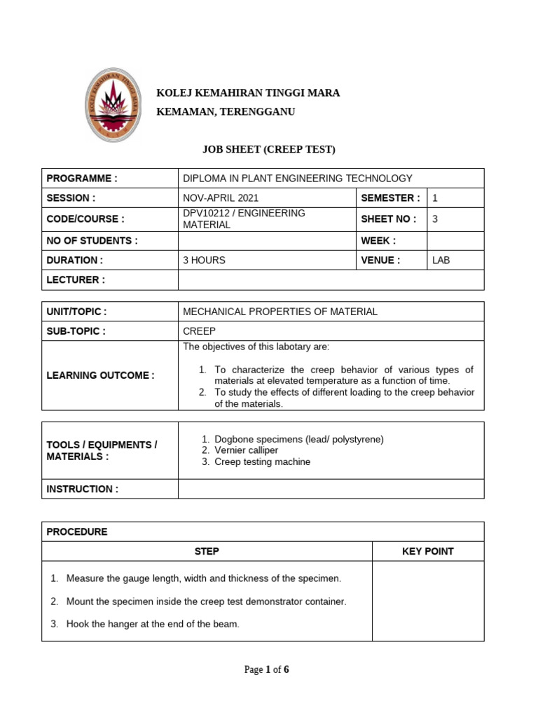 Lab 2 (Creep Test) Na - 2021 (1) (PDF - Io) | PDF | Creep (Deformation ...