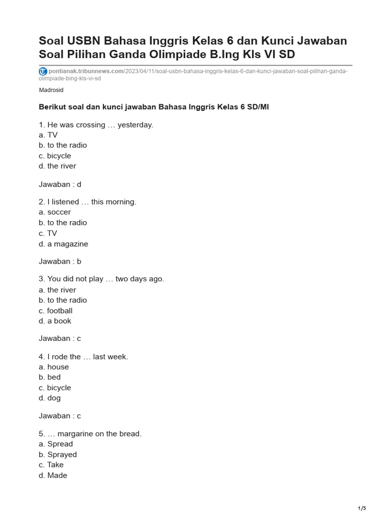 Soal USBN Bahasa Inggris Kelas 6 Dan Kunci Jawaban Soal Pilihan Ganda Olimpiade BIng Kls VI SD | PDF