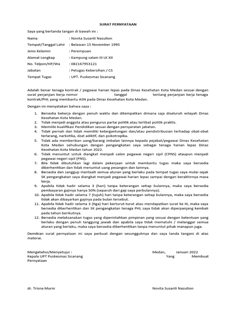 Surat Pernyataan Pegawai Honor | PDF