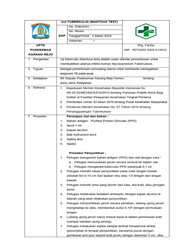 SOP Uji Tuberkulin di Puskesmas | PDF