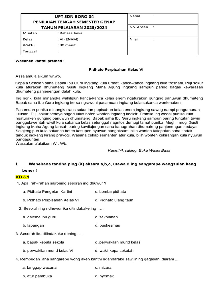 Soal PTS 2 Bahasa Jawa Kelas 6 K13 | PDF | Seni & Disiplin Bahasa