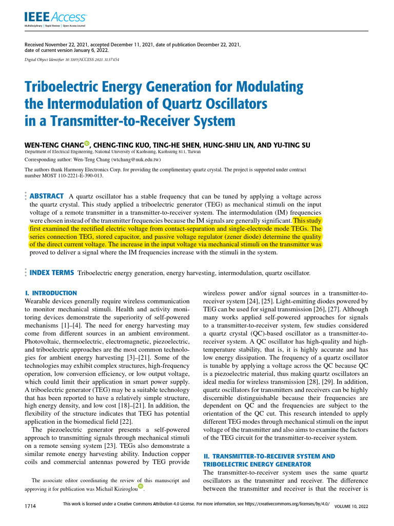 Triboelectric Energy Generation For Modulating The Intermodulation of ...