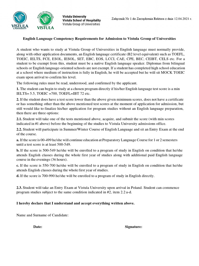 English Language Requirements With Declaration FULL | PDF | Test Of ...