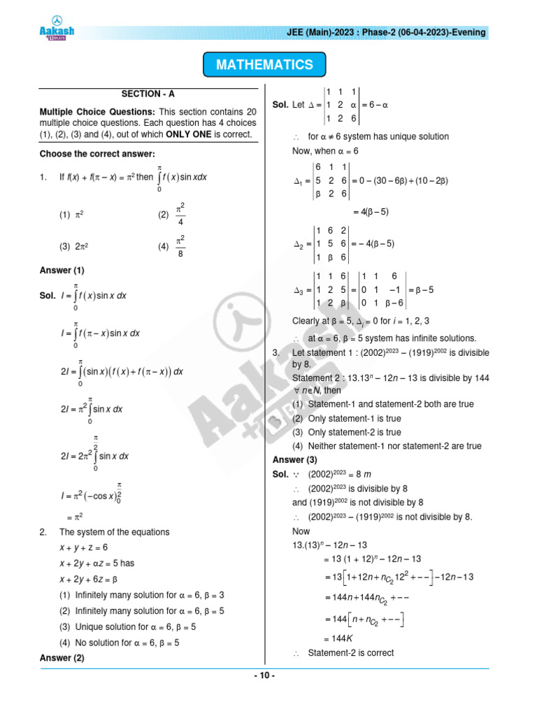 Maths Ans Sol JEEMain 2023 Ph 2-06-04 2023 Evening | PDF | Mathematical Analysis | Mathematical ...