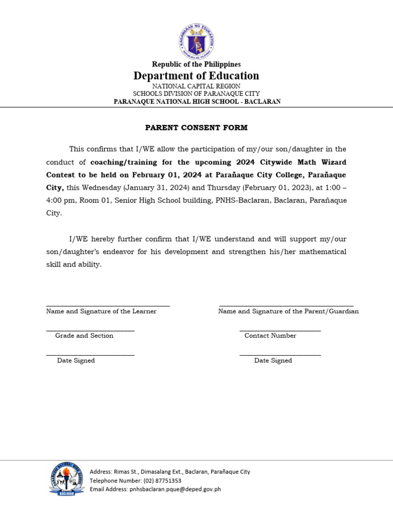 Math Quiz Bee - Parent-Consent | PDF