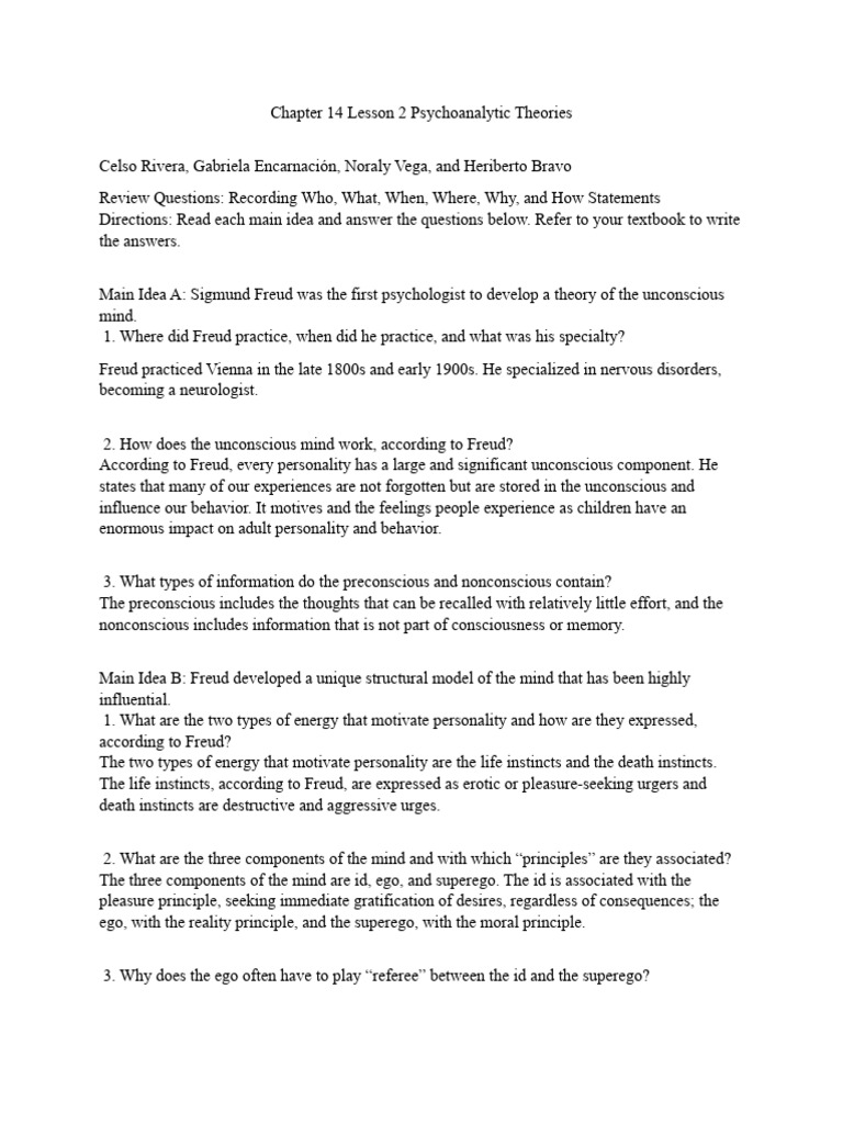 Chapter 14 Lesson 2 Psychoanalytic Theories Worksheet | PDF | Id | Unconscious Mind