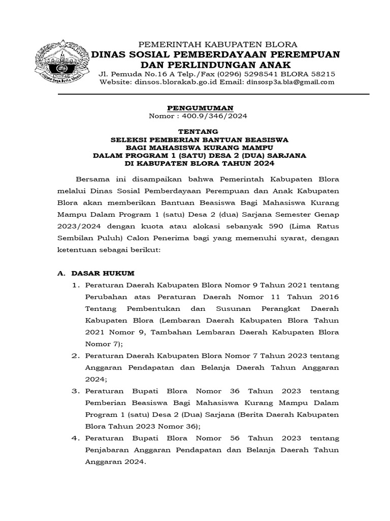 Pengumuman Beasiswa 1 Desa 2 Sarjana | PDF