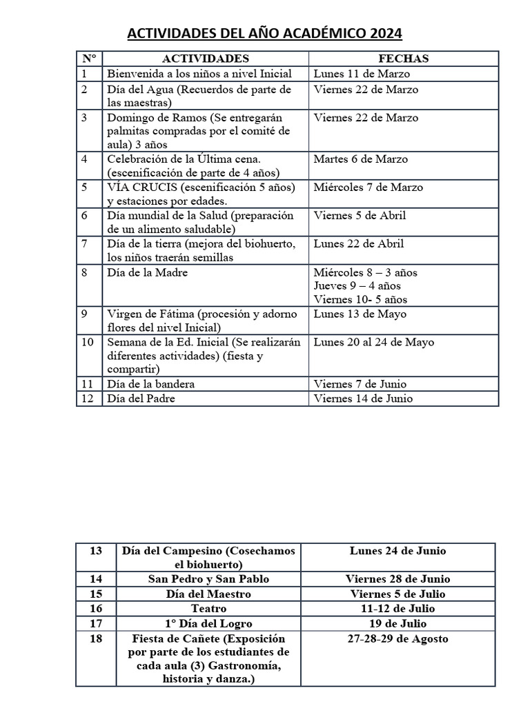 Actividades Del Año Lectivo 2024 | PDF