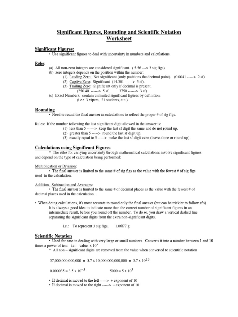 Sig Fig, Rounding & Scientific Notation WS | PDF | Significant Figures ...