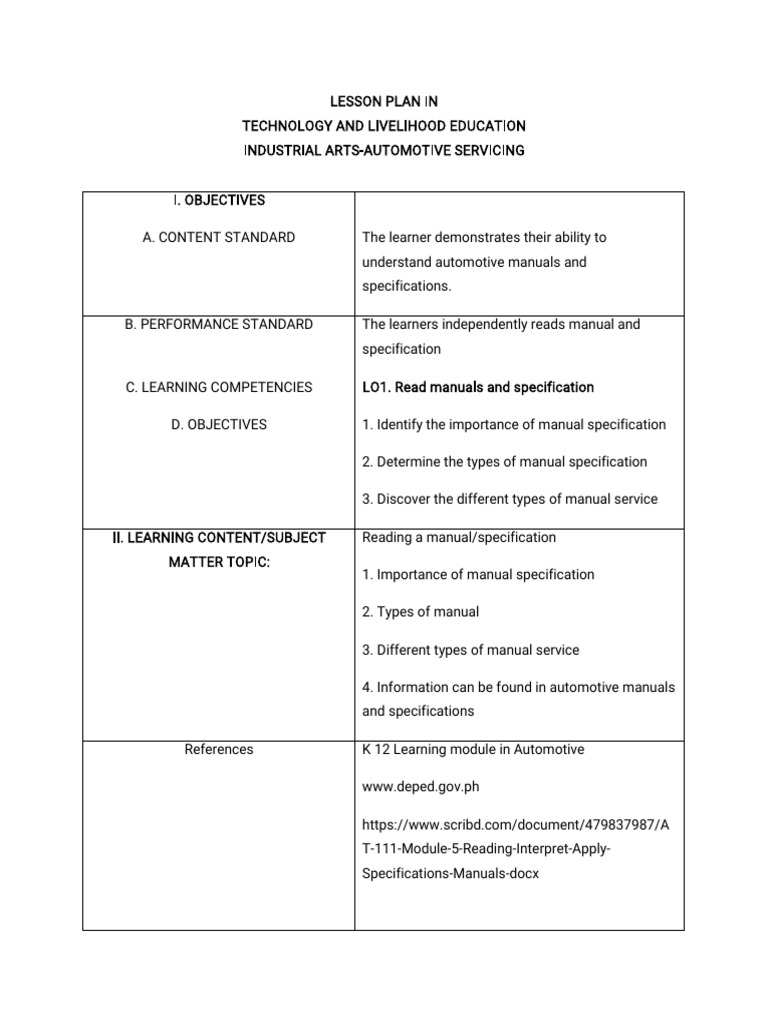 Lesson plan auto | PDF | Learning | Automotive Industry
